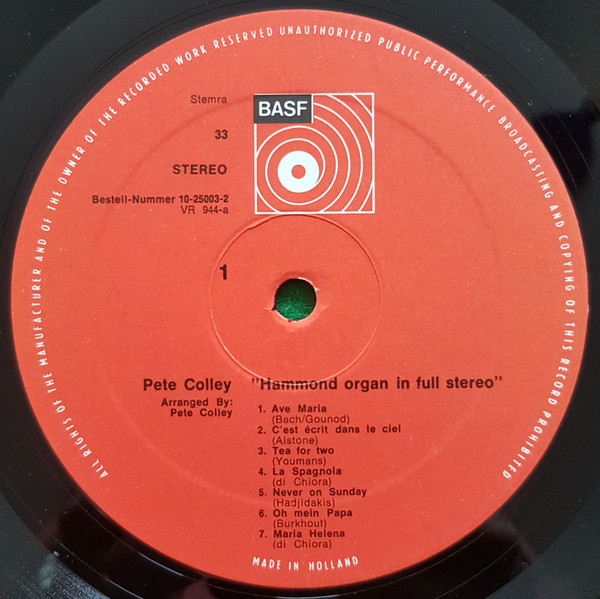 Pete Colley – Hammond Organ In Full Stereo (LP, Album) – akerrecords.nl