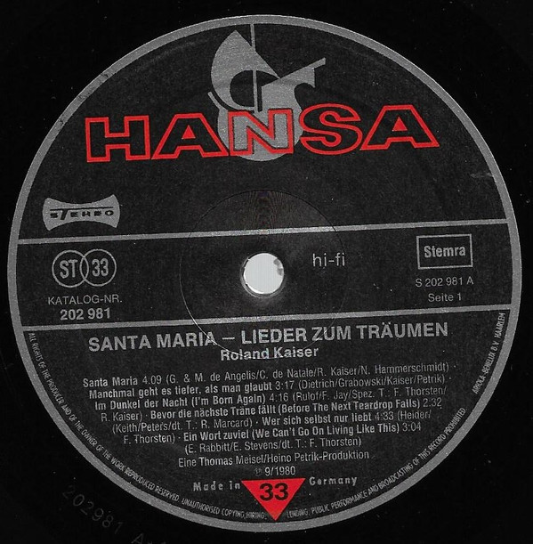 Roland Kaiser – Santa Maria – Lieder Zum Träumen (LP, Album ...