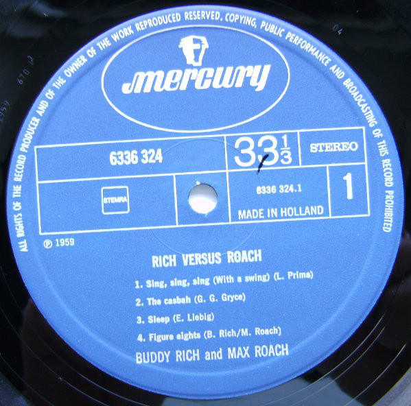 Buddy Rich And Max Roach – Rich Versus Roach (LP, Album, RE) – akerrecords.nl