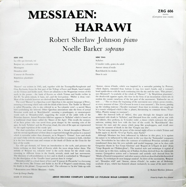 Noelle Barker, Robert Sherlaw Johnson – Olivier Messiaen – Harawi (LP ...