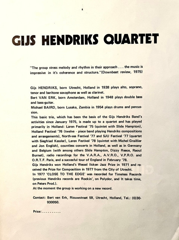 Gijs Hendriks Kwartet* – Dom Rocket (LP, Album) – akerrecords.nl