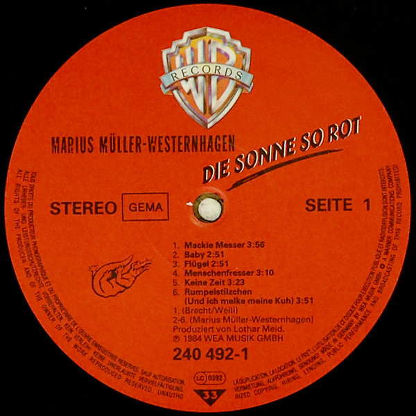 Marius Müller-Westernhagen – Die Sonne So Rot (LP, Album) – akerrecords.nl