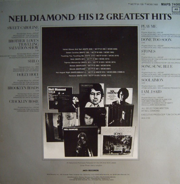Neil Diamond – His 12 Greatest Hits (LP, Comp) – akerrecords.nl