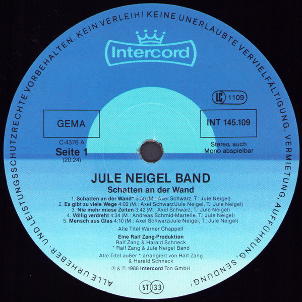 Jule Neigel Band – Schatten An Der Wand (LP, Album) – akerrecords.nl
