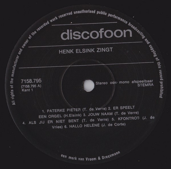 Henk Elsink – Henk Elsink Zingt (Vrij Entree) (LP, Comp) – akerrecords.nl