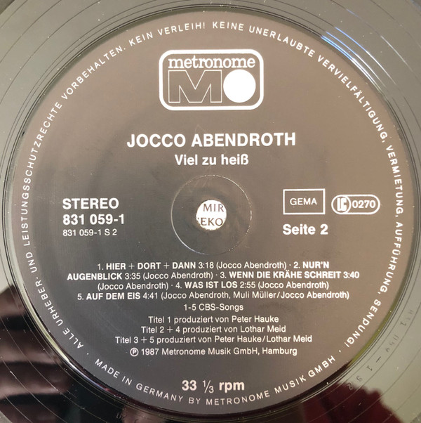 Jocco Abendroth – Viel Zu Heiss (LP, Album) – akerrecords.nl