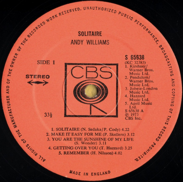 Andy Williams – Solitaire (LP, Album) – akerrecords.nl