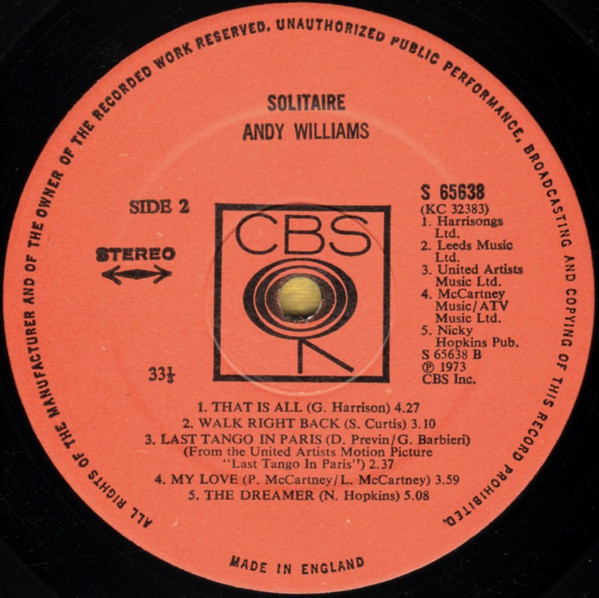 Andy Williams – Solitaire (LP, Album) – akerrecords.nl