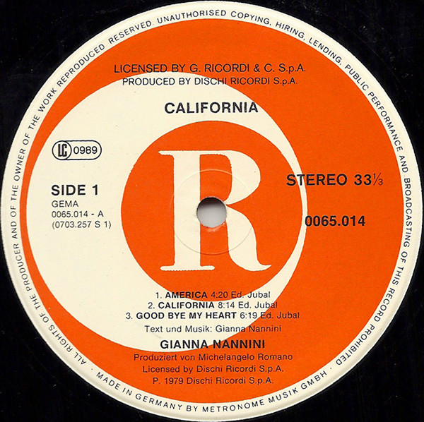 Gianna Nannini – California (LP, Album) – akerrecords.nl