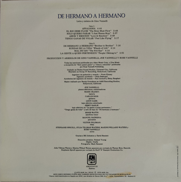 Gino Vannelli – Brother To Brother = De Hermano A Hermano (LP, Album ...