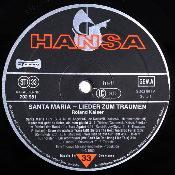 Roland Kaiser – Santa Maria (LP, Album) – akerrecords.nl