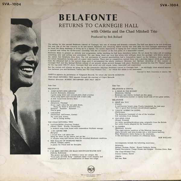 Harry Belafonte With Odetta & The Chad Mitchell Trio – Belafonte Returns To Carnegie Hall (LP ...