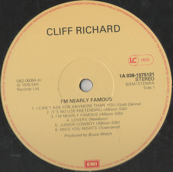 Cliff Richard – I’m Nearly Famous (LP, Album, RE) – akerrecords.nl
