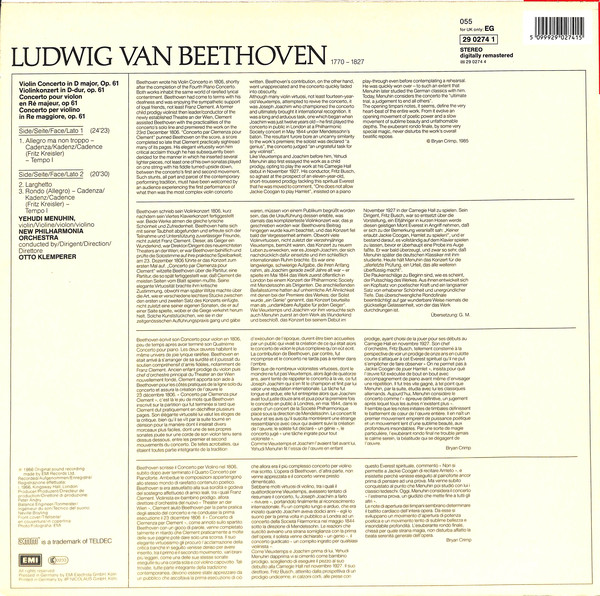 Ludwig van Beethoven – Yehudi Menuhin, Otto Klemperer, New Philharmonia Orchestra – Violin ...