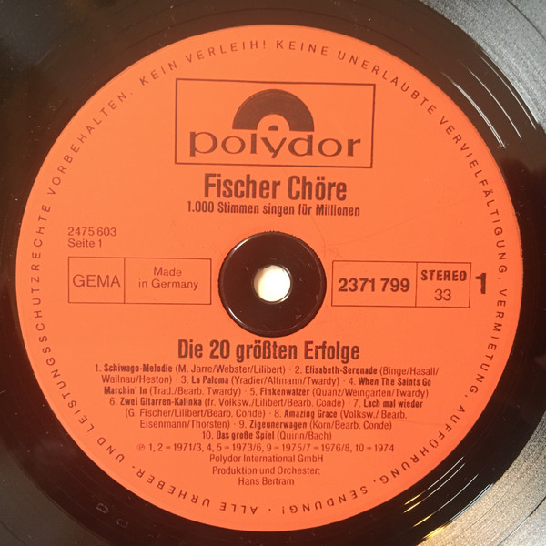 Fischer Chöre – Die 20 Größten Erfolge (LP, Album, Inj) – akerrecords.nl