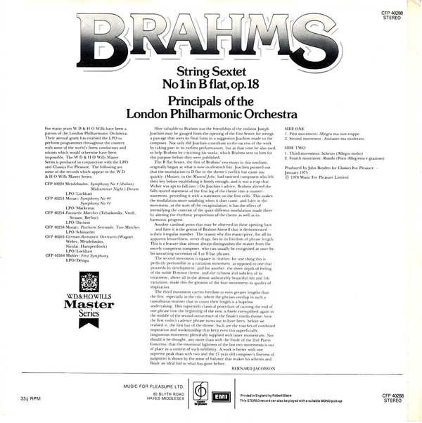 Johannes Brahms, London Philharmonic Orchestra – String Sextet No. 1 In B Flat, Op. 18 (LP ...