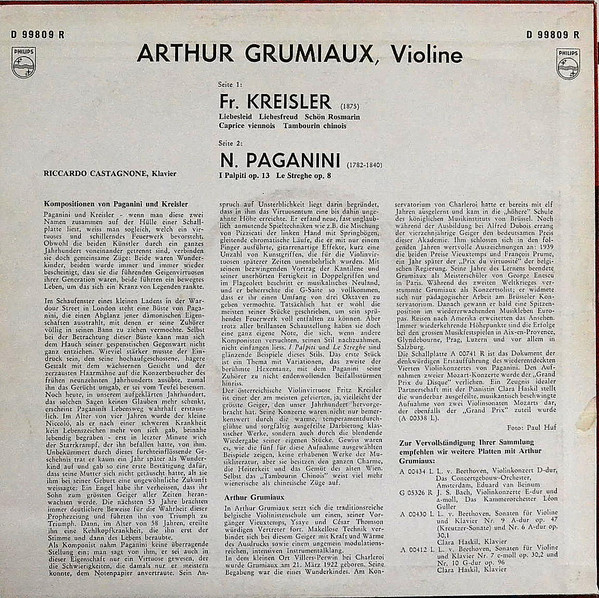 Fritz Kreisler / Niccolò Paganini – Arthur Grumiaux, Riccardo Castagnone – Liebesleid ...