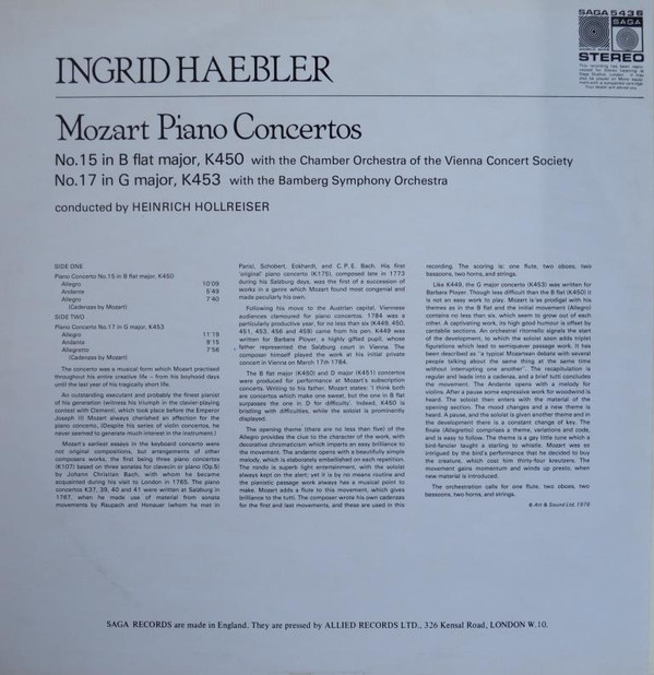 Wolfgang Amadeus Mozart, Ingrid Haebler – Piano Concertos B Flat, K450; G Major, K453 (LP, Comp ...