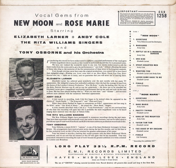 Elizabeth Larner, Andy Cole (2), The Rita Williams Singers, Tony Osborne And His Orchestra ...