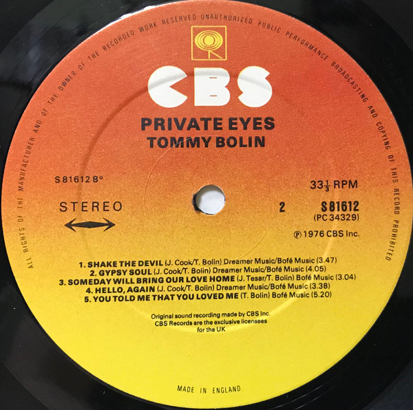 Tommy Bolin – Private Eyes (LP, Album) – akerrecords.nl